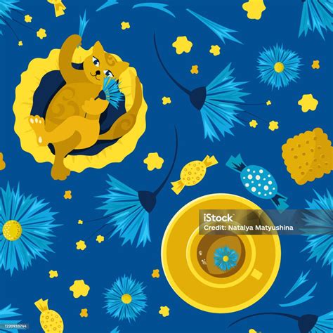 고양이와 베개에 매끄러운 패턴과 치커리 꽃과 옥수수 꽃 좋아하는 차 가정의 안락의 개념 벡터 그림입니다 어린이 제품 배경 벽지의