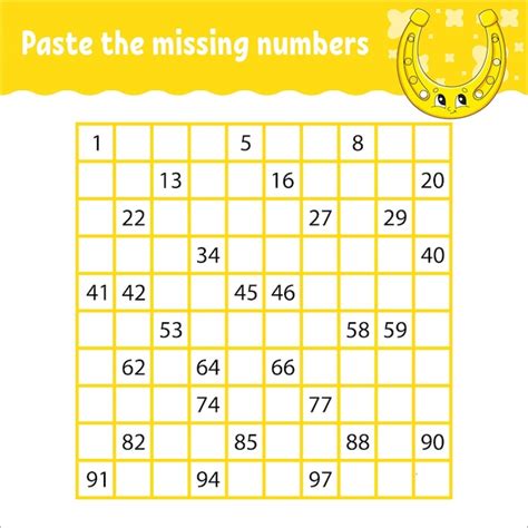 1에서 100까지 누락된 숫자를 붙여넣습니다 필기 연습 아이들을 위한 학습 숫자 교육 개발 워크시트 활동 페이지 벡터 그림 프리미엄 벡터