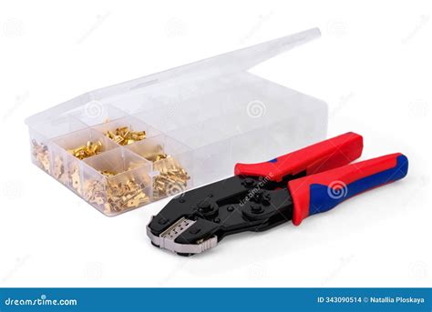 Ferrule Crimping Tool And Wiring Connectors Terminal Set Isolated On White Background Stock