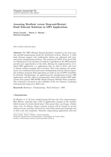 Pdf Assessing Resilient Versus Stop And Restart Fault Tolerant