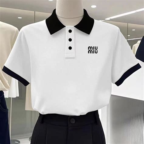 Поло Женский Miu Miu белый Короткий размер 46 Хлопок Логотип облегающий Офисный школьный Китай