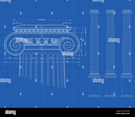 Detail Of Ionic Column With Measures On Technical Background Stock