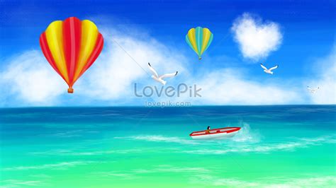 여름 바다 뜨거운 공기 풍선 그림 일러스트 무료 다운로드 Lovepik