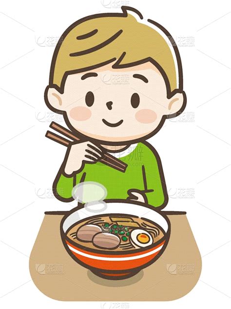 绘画插图男孩面条可爱的仅日本人日本食品儿童日本人线条画卡通素材 花瓣网
