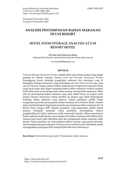 Pdf Analisis Penyimpanan Bahan Makanan Di Lv8 Resort Hotel Food Storage Analysis At Lv8