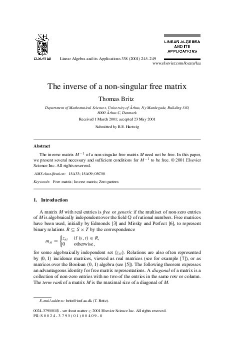 Pdf Properties Of Inverses In Free Matrices