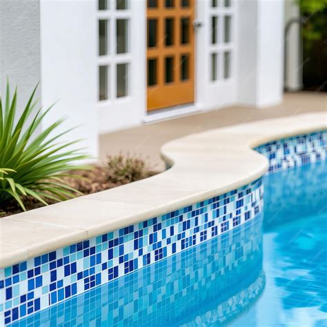 Elegant Blue And White Mosaic Tiles On The Edge Of An Inground Swimming