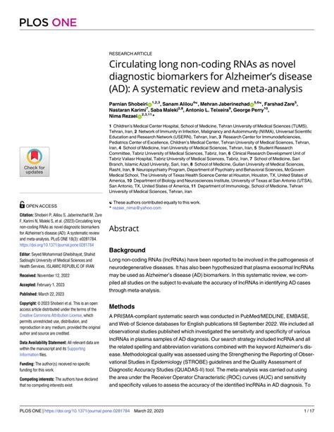 Pdf Circulating Long Non Coding Rnas As Novel Diagnostic Biomarkers For Alzheimers Disease