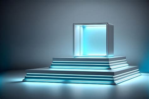 메탈릭 크롬 블루 연단 반사 네온 유리 기하학적 모양 미래주의 파스텔 색상 미용 제품을 위한 쇼케이스 3d 렌더링 0명에 대한 스톡 사진 및 기타 이미지 Istock