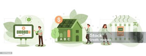 지속 가능성 벡터 세트입니다 개인 전기 및 중앙 난방 계량기를 모니터링하고 가정용 유틸리티 요금을 계산하는 문자 가정 에너지 효율 감사 개념 소비 비용 증가 가격에 대한