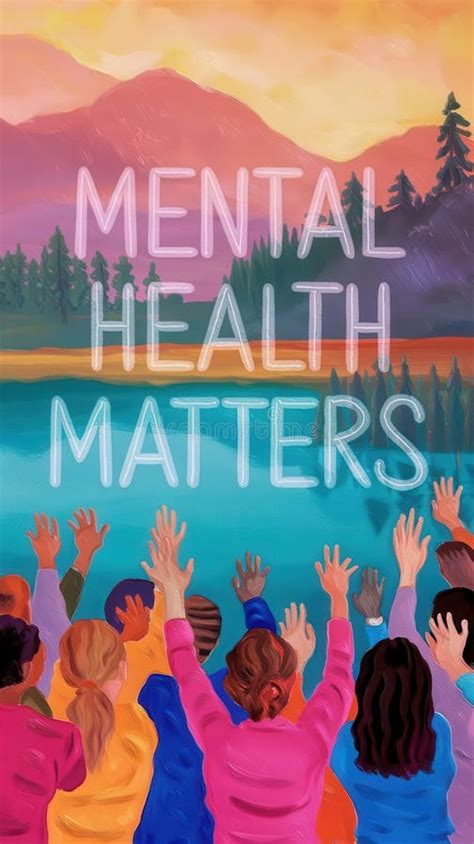Mental Health Matters Poster With Group Silhouette And Sunset Landscape