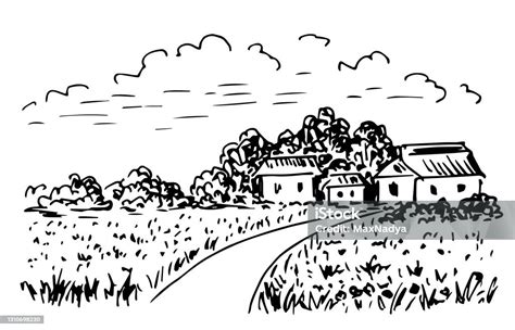 간단한 흑백 벡터 잉크 스케치 마을 집 들판 잔디 수평선에 나무 하늘에 구름으로 가는 길 시골 풍경 시골 자연 손으로 그린 드로잉을 인그레이빙 스타일로 그립니다 건축물에