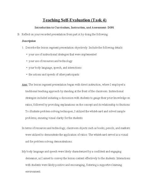D091 Task 4 Teaching Self Evaluation Teaching Self Evaluation