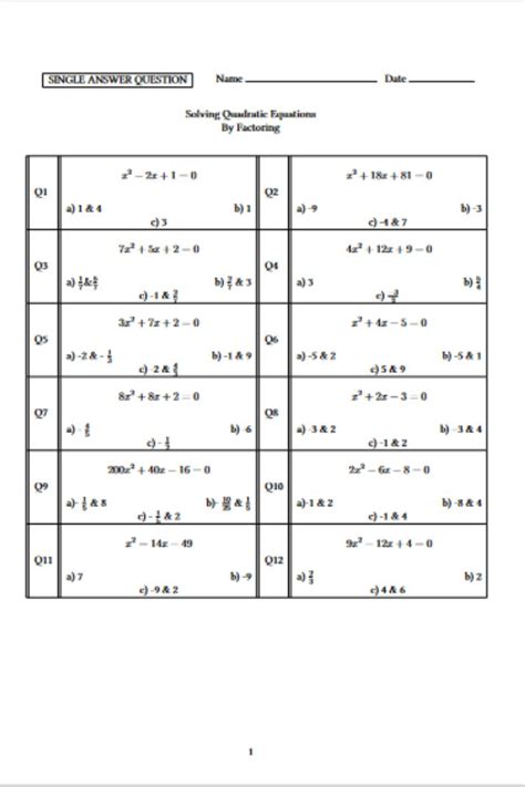 Solving Quadratic Equations By Factoring Activity Mcqs Worksheet