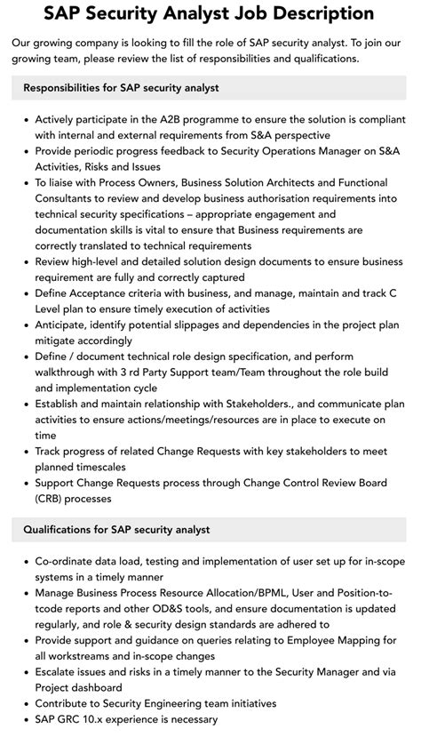 Sap Security Analyst Job Description Velvet Jobs