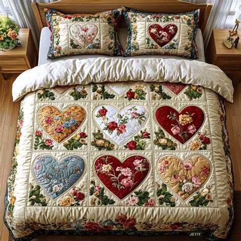 Heart Quilted Bedding Set Flower Retro Aesthetic Best Valentines Room