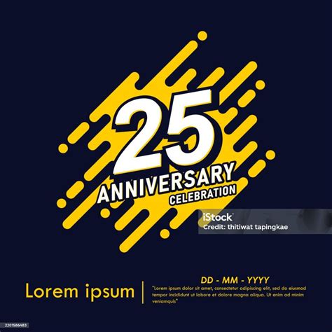창립 25주년 기념 엠블럼 기념일 로고는 진한 파란색 배경에 대각선 둥근 선 기하학적 모양으로 고립되어 있습니다 웹 전단지 포스터 인사말 카드에 대한 벡터 일러스트 레이 션