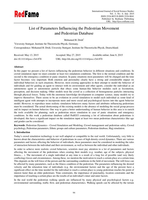 Pdf List Of Parameters Influencing The Pedestrian Movement And Pedestrian Database