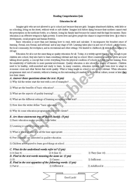Reading Comprehension Quiz Esl Worksheet By Ibrahimoviç