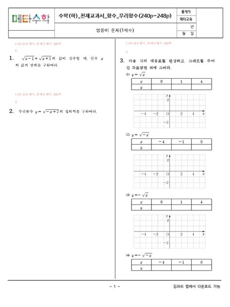수학 하 천재교과서 함수 무리함수 240p~248p 쌍둥이 문제 1배수 1 Pdf Pdf