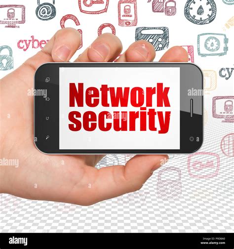 Safety Concept Hand Holding Smartphone With Red Text Network Security On Display Hand Drawn