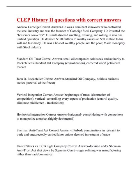 Clep History Ii Questions With Correct Answers Clep History Ii