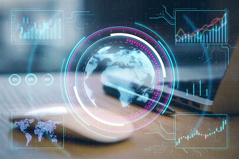 그래프 차트 백분율 및 양식화된 지구본을 사용하여 미래형 데이터 분석을 보여주는 추상 이미지로 어둡고 다양한 색상의 배경에 글로벌 기술 또는 금융의 개념을 전달합니다 0명에
