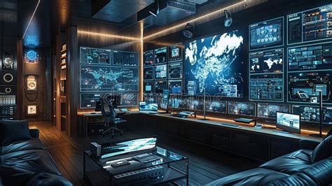 A Futuristic Command Center With Multiple Screens Displaying Data And A