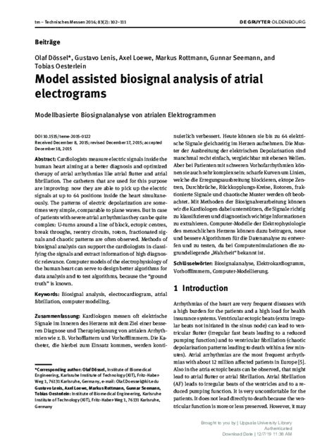 Pdf Model Assisted Biosignal Analysis Of Atrial Electrograms