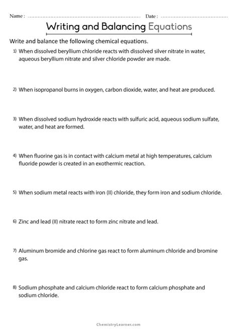 Free Printable Writing And Balancing Chemical Equations Worksheets