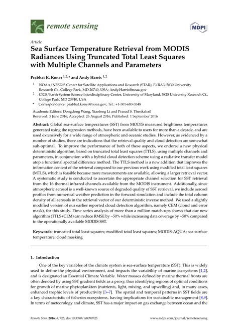Pdf Sea Surface Temperature Retrieval From Modis Radiances Using Truncated Total Least Squares