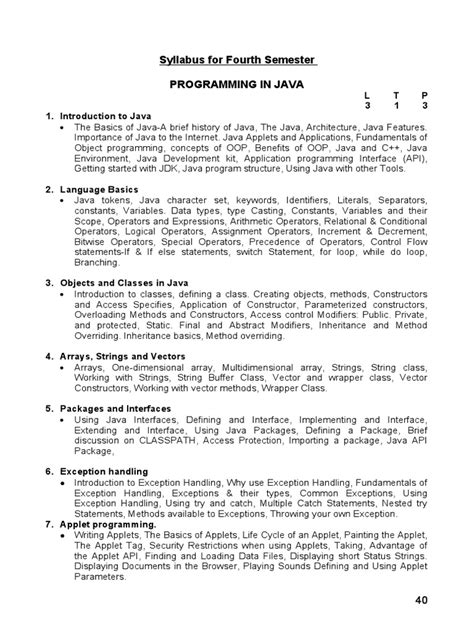 Syllabus For Fourth Semester Programming In Java L T P 3 1 3 1