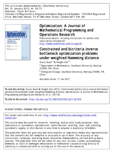 Pdf Constrained And Bicriteria Inverse Bottleneck Optimization Problems Under Weighted Hamming