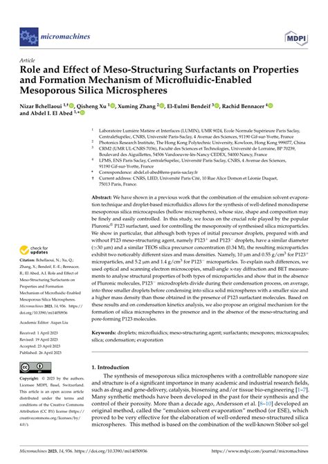 Pdf Micromachines Role And Effect Of Meso Structuring Surfactants On Properties And Formation