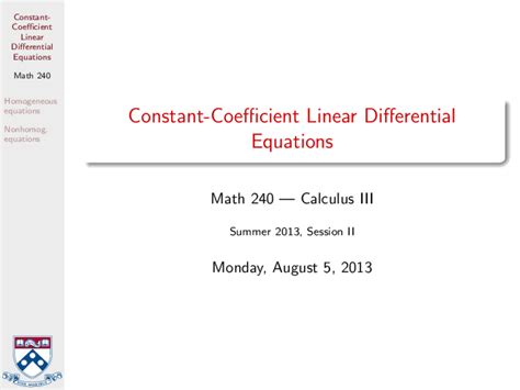 Constant Coefficient Linear Differential Equations Lecture Notes