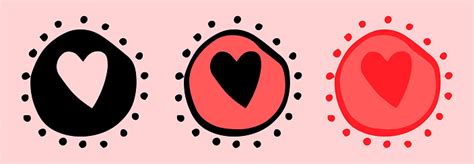 점이 있는 분홍색 원 안에 있는 빨간 하트 아이콘 분홍색의 윤곽과 디자인 템플릿을 위한 낙서 스타일의 실루엣이 있는 빨간색 원 안에 손으로 그린 검은 하트 세트 발렌타인