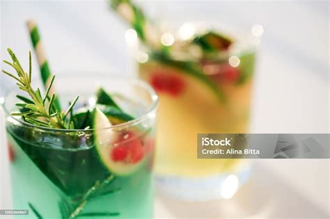 모히토 신선한 알코올 녹색 칵테일 또는 라임 붉은 열매 얼음과 로즈마리를 안경으로 곁들인 레모네이드 여름 직업 Concepttop 보기 태양과 그림자 닫기 날기에 대한 스톡