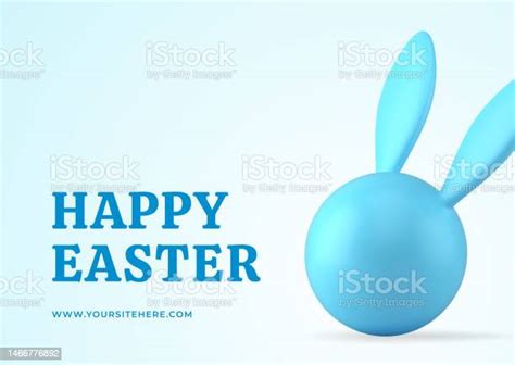 행복한 부활절 수평 인사말 카드 파란 토끼 싸구려 3d 디자인 템플릿 현실적인 벡터 3차원 형태에 대한 스톡 벡터 아트 및 기타 이미지 3차원 형태 부활제 토끼
