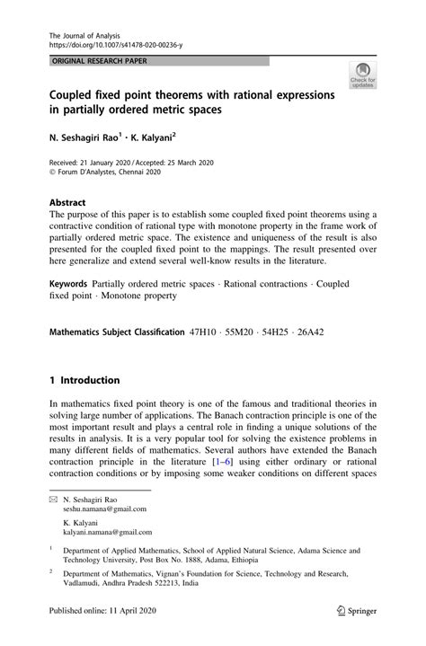 Pdf Coupled Fixed Point Theorems With Rational Expressions In Partially Ordered Metric Spaces