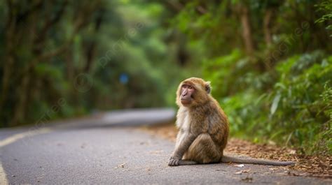숲길에 앉아 있는 마카크 원숭이 야쿠시마의 서쪽 숲길을 운전하면서 길에서 휴식을 취하는 원숭이 고화질 사진 사진 대주교 배경 일러스트 및 사진 무료 다운로드 Pngtree