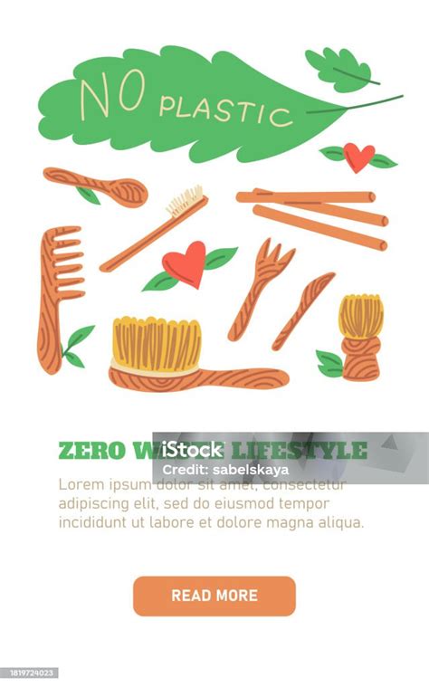 제로 웨이스트 라이프 스타일 벡터 포스터 재사용 가능한 나무 칼 붙이 칫솔 빗 및 빨대 플라스틱 생태 개념 없음 0에 대한 스톡