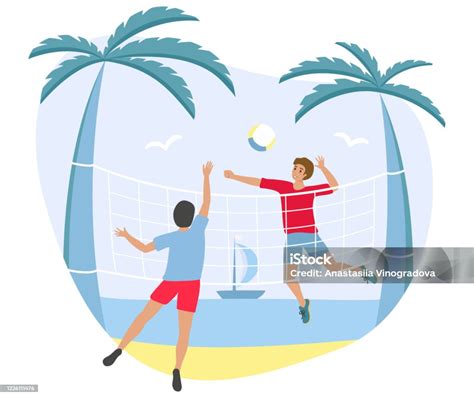 소년의 그룹은 여름 해변에서 배구에서 재생 평면 만화 벡터 스톡 일러스트 야자수와 모래 해변에 공을 가진 남자 건강한 라이프