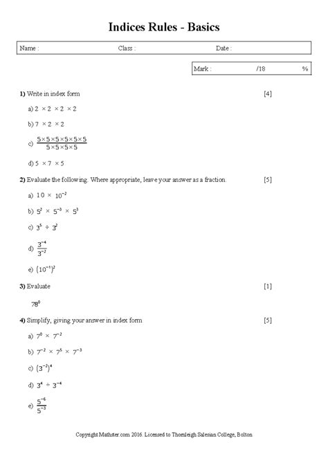 Indices Rules Basics 1 Indices Rules Basics Name Class Date