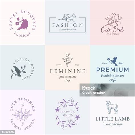 추상 여성 벡터 레이블 템플릿 세트 레트로 꽃 삽화와 고급스러운 타이포그래피 새와 양고기 미용실 Spa 웨딩 부티크 등을 위한