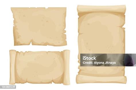 흰색 배경에 고립 된 만화 스타일의 양피지 스크롤 파피루스 골동품 종이 공백을 설정합니다 요정 판타지 요소 Ui 자산 질감이 좋고 상세한 빈 원고 율법서에 대한 스톡 벡터