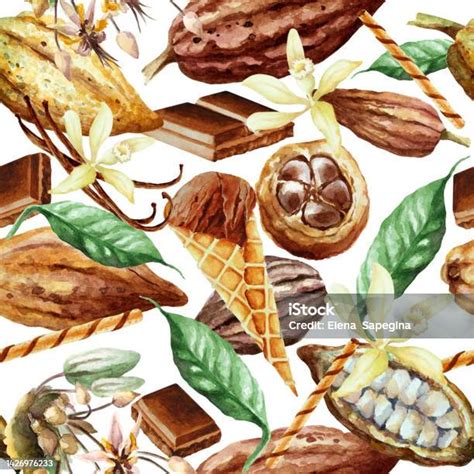 코코아 콩의 원활한 패턴 와플 콘의 초콜릿 아이스크림 바닐라 꽃과 포드 흰색 배경에 초콜릿과 웨이퍼 롤 조각 손으로 그린 수채화