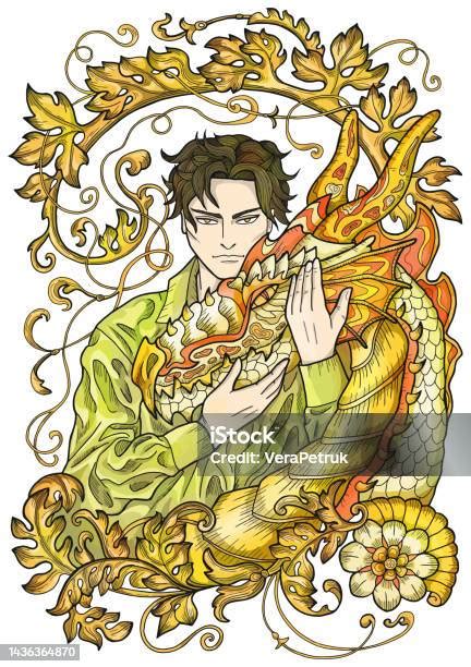 판타지 드래곤과 잘 생긴 전사 캐릭터 소년 영웅 남자 또는 흰색에 고립 된 왕자 만화 만화 스타일로 다채로운 벡터 일러스트 레이 션 왕자 황실에 대한 스톡 벡터 아트 및