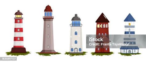 만화 스타일의 다채로운 등대 세트입니다 흰색 배경에 있는 해안선의 선박의 해양 항법을위한 탐조등 빔과 서치라이트 타워의 벡터 그림 0명에 대한 스톡 벡터 아트 및 기타