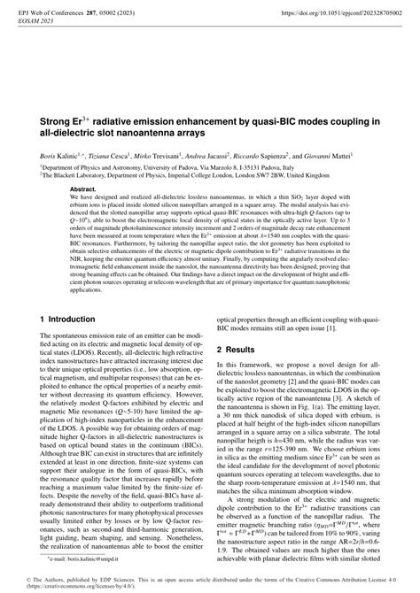 Pdf Strong Er Radiative Emission Enhancement By Quasi Bic Modes Coupling In All Dielectric