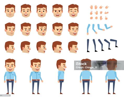 캐주얼 의상 제작 세트에 사업가 다양 한 제스처 감정 다양 한 포즈 보기 나만의 포즈 애니메이션 만들기 건설 산업에 대한 스톡